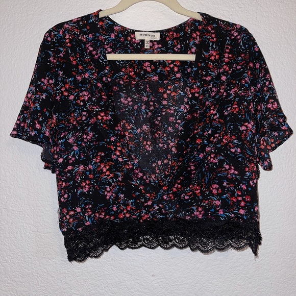 Monteau | Tops | Nwot Monteau Short Sleeve Floral Blouse Sz Xl | Poshmark